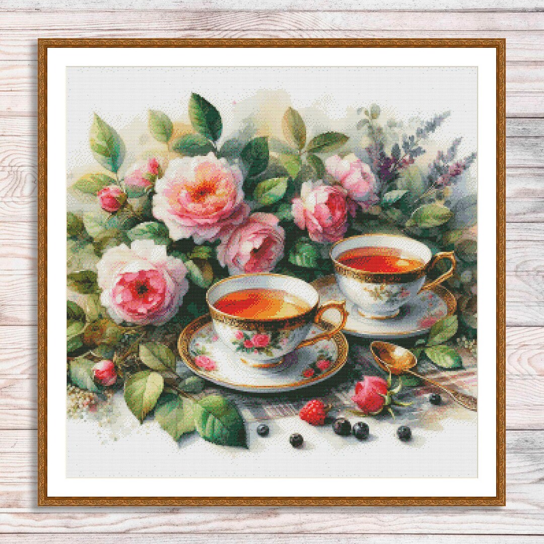 Tea Cups Cross Stitch Pattern Pattern Bouquet of Roses Kitchen Still ...