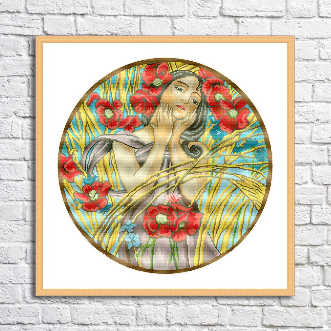 August Girl Cross Stitch Pattern Poppies Summer Alphonse Mucha Art ...