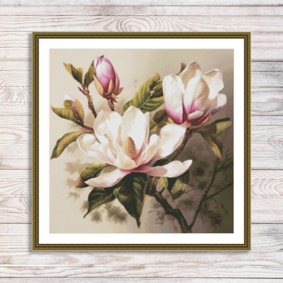 Magnolia Branch Counted Cross Stitch Pattern Pink Frowers Branch of ...