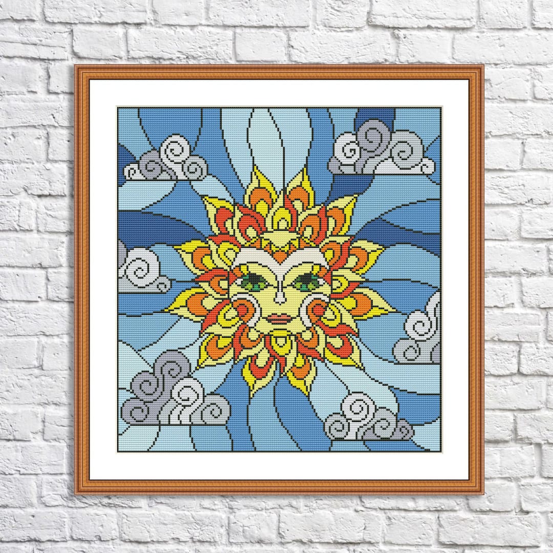 Abstract Sun Cross Stitch Pattern Stained Glass Style Clouds Sky ...