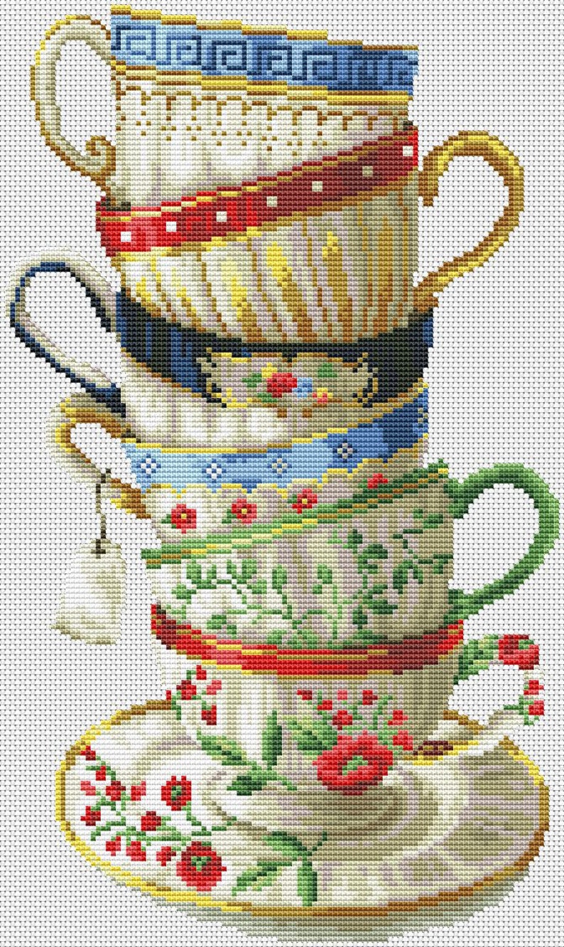 Kitchen Cross Stitch Pattern Tea Cups Pattern Kitchen Still Life Modern ...