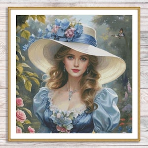 Elegant Woman Cross Stitch Pattern Digital Pattern Roses Garden Blue ...