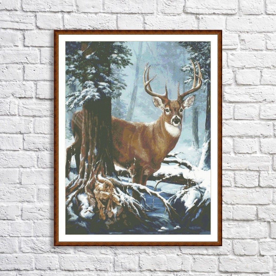 Deer Counted Cross Stitch Pattern Winter Forest Snow Modern Embroidery ...