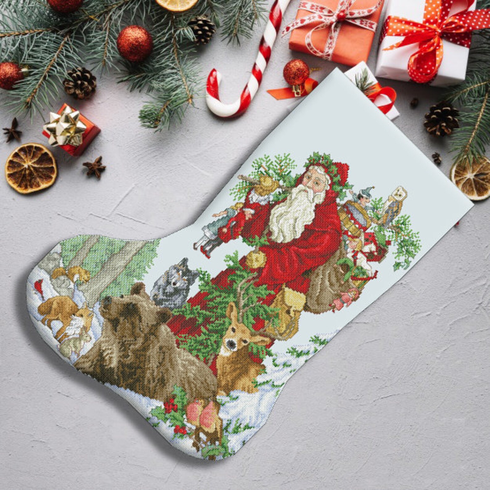 Woodland Santa Christmas Stocking Counted Cross Stitch Pattern ...