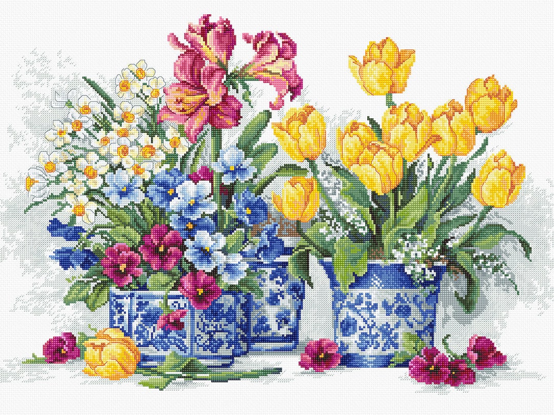 Spring Flowers Cross Stitch Kit Yellow Tulips Crocus Daffodil Iris ...