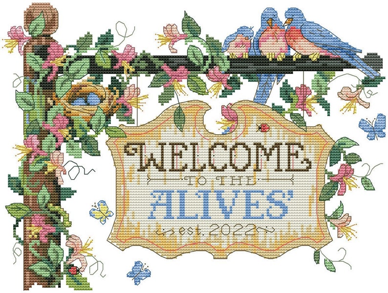 Welcome Cross Stitch Pattern Flowers Bird Digital Pattern PDF - Etsy