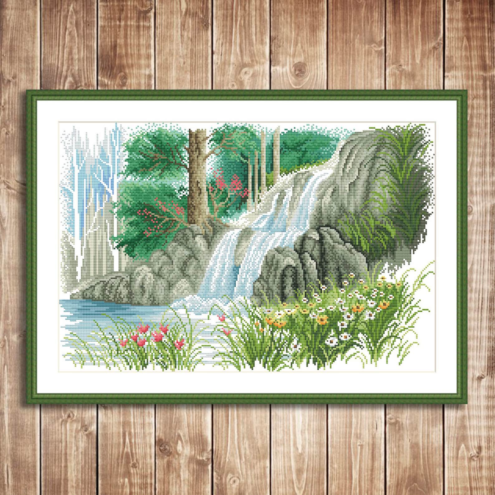 Waterfall Counted Cross Stitch Pattern Spring Landscape Hand Embroidery ...