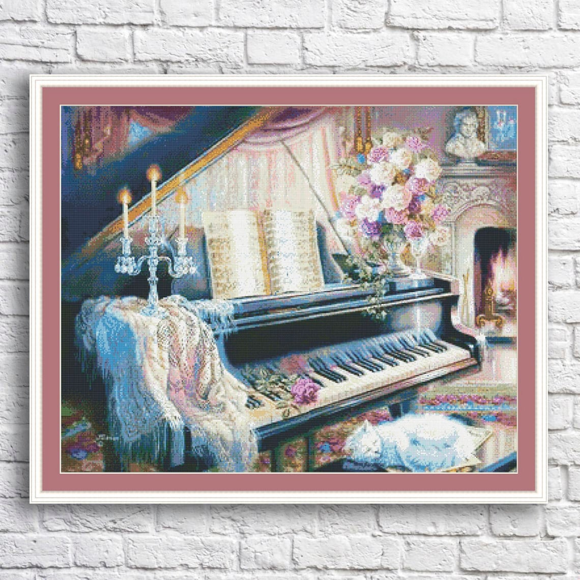 Piano Counted Cross Stitch Pattern Piano Fireplace Candle Cat | Etsy