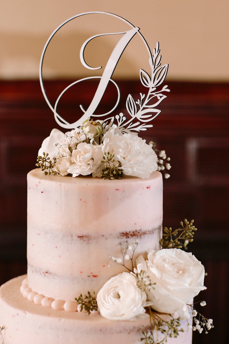 Modern cake topper with botanical design and script initial | Etsy