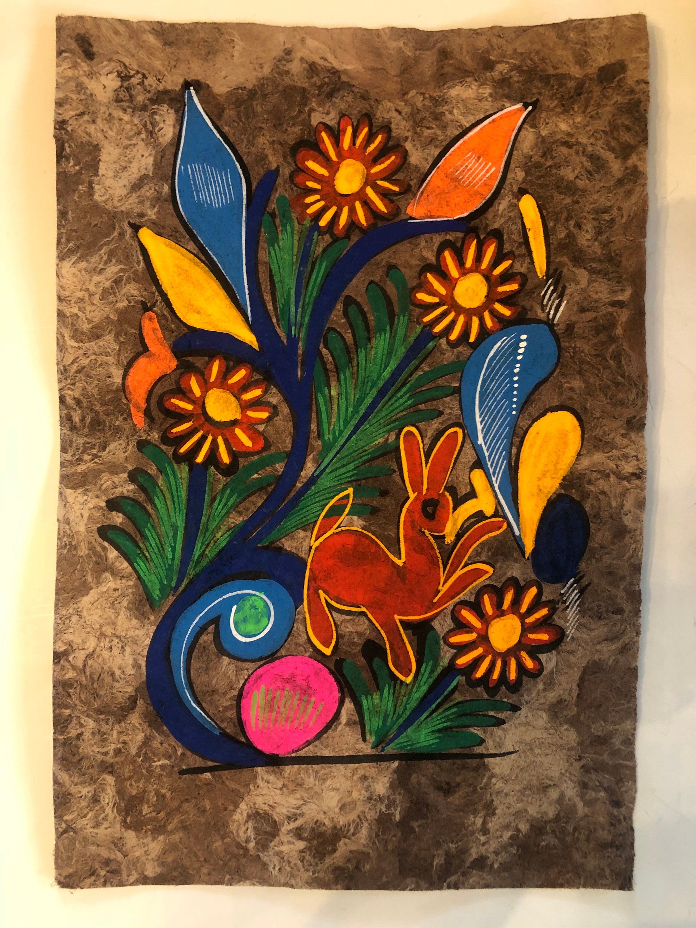 Vintage Original Mexican Folk Art Painting on Bark Paper Colorful ...