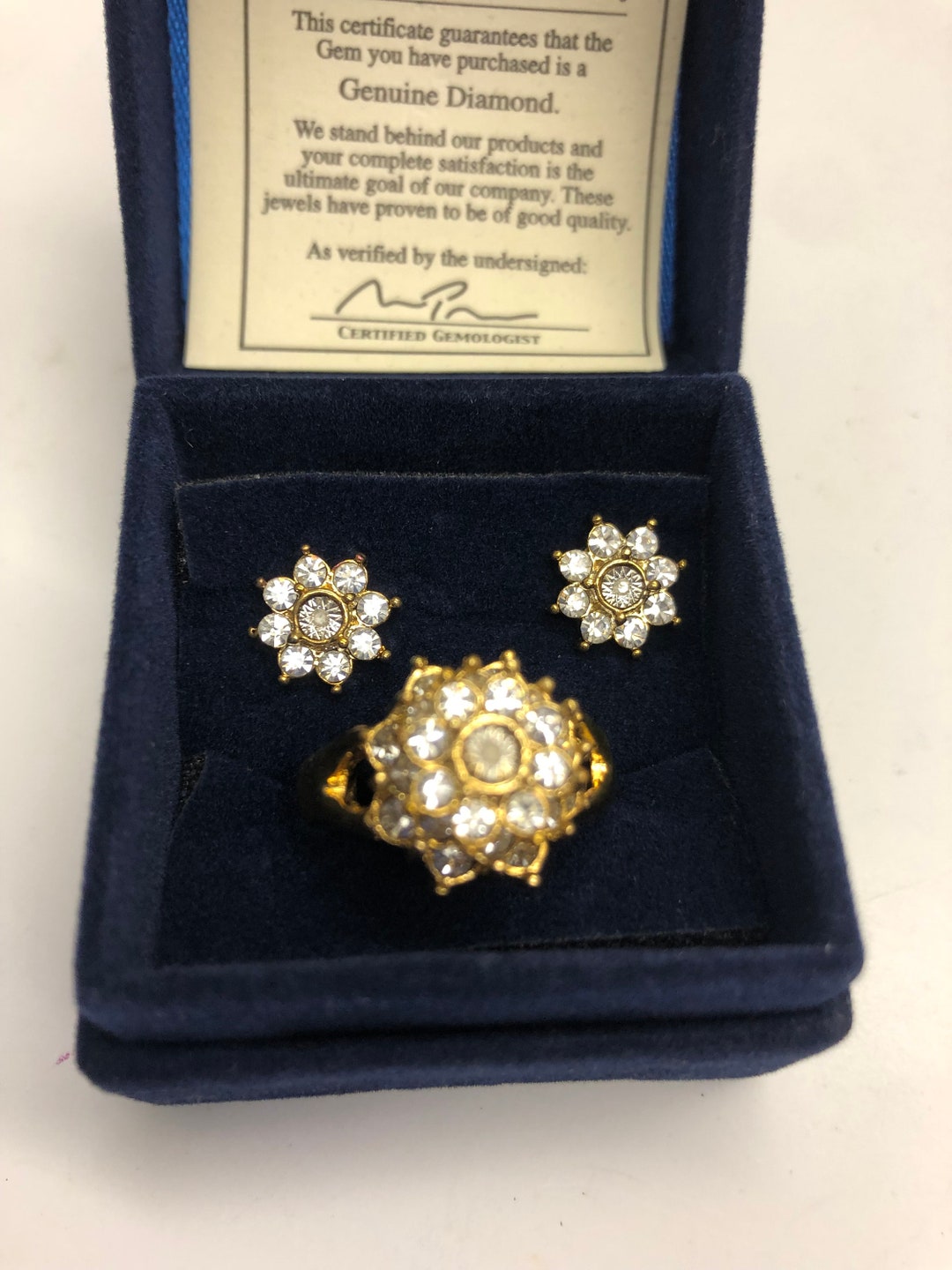 Tall Profile Crystal and Gold Tone Adjustable Size Ring and Stud ...