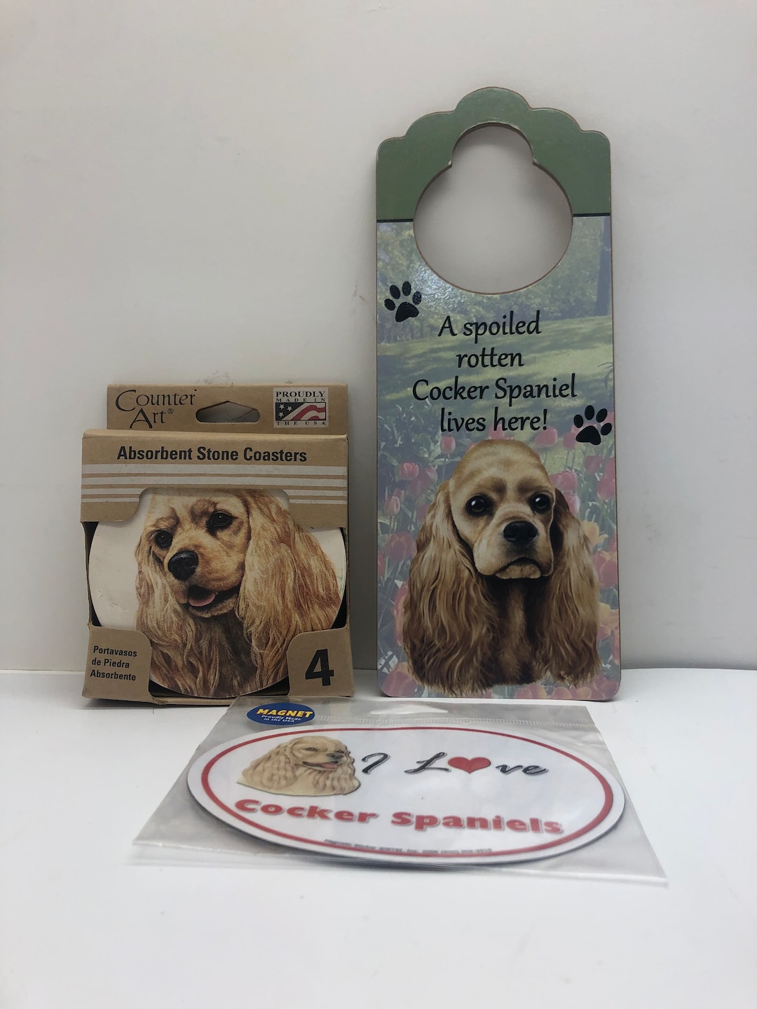 Cocker Spaniel Dog Lover's Gift Pack Stone Coasters, Door Hanger and ...