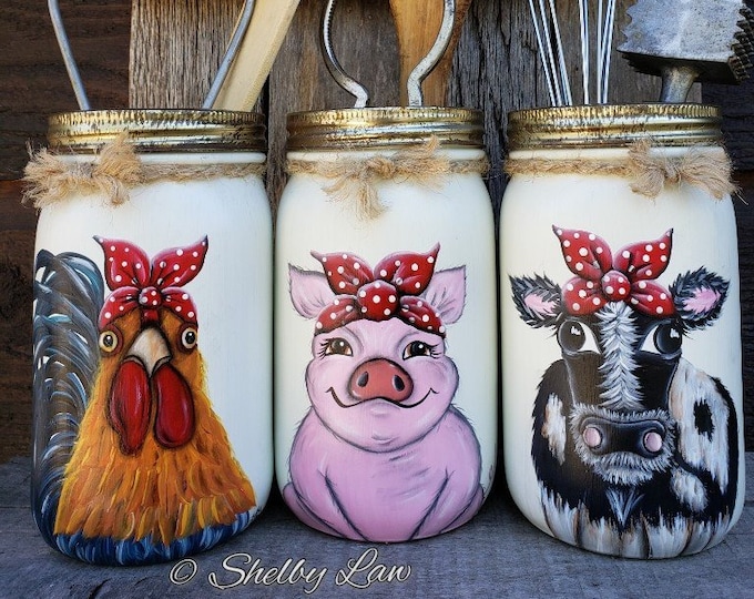 Utensil Holder, Set of Three Mason Jars, Farm Animals, Cow, Rooster ...