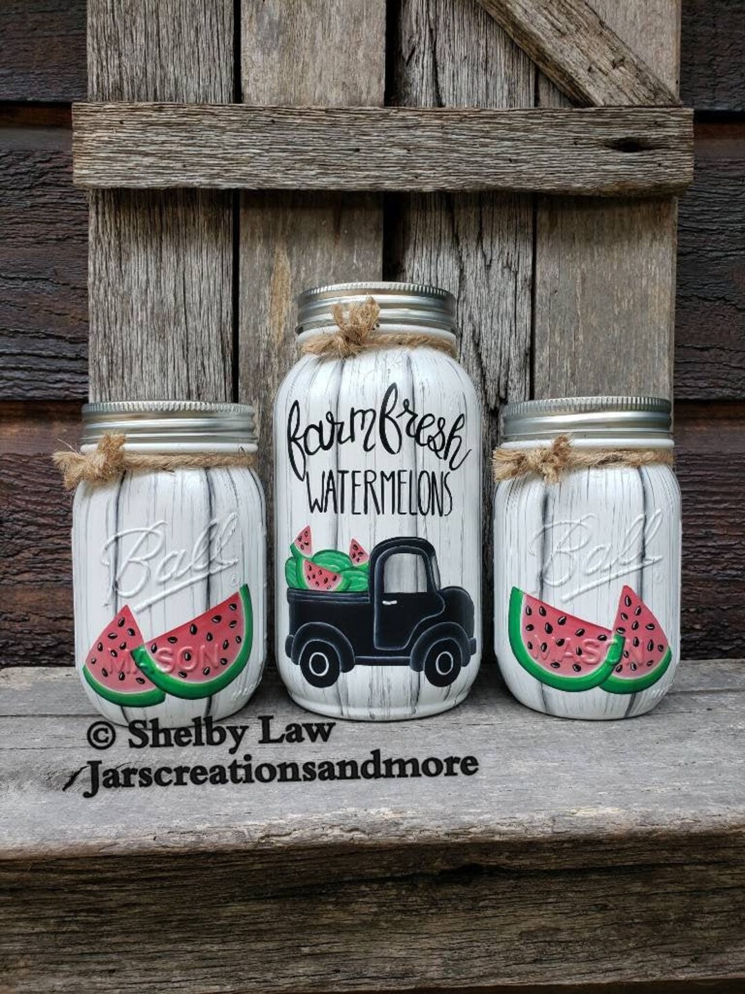 Farm Fresh Watermelons, Set of Three Hand-painted Mason Jars ...