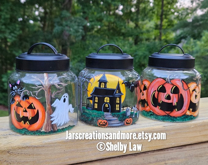 Handpainted Halloween Glass Canister Jar, Three Different Designs, Sold ...