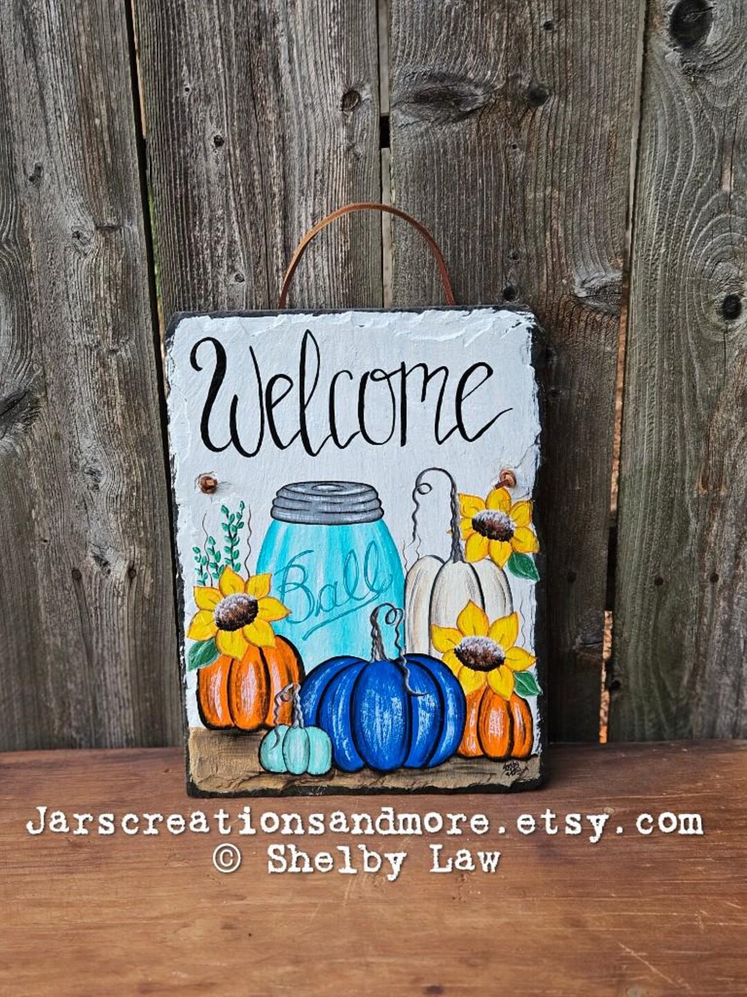 Welcome Slate, Handpainted Fall Pumpkins and Mason Jar - Etsy