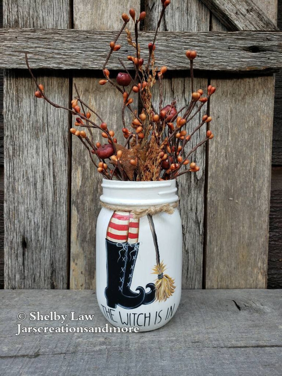 Halloween Mason Jar, the Witch is In, Hand Painted Pint Jar, Berries ...