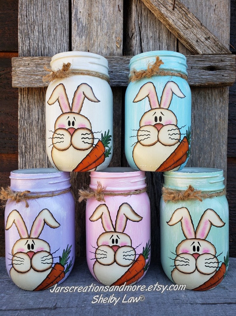 Handpainted Rabbit Easter Bunny Pint Size Mason Jar - Etsy