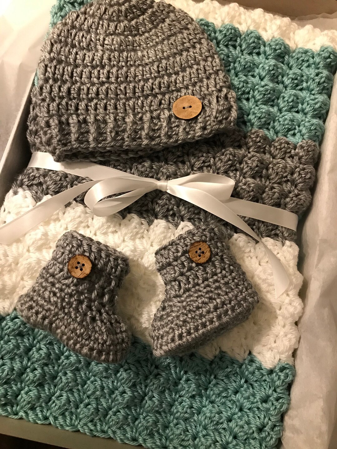 Crochet Baby Gift | Crochet Grey Blanket | Striped Baby Blanket | Teal ...