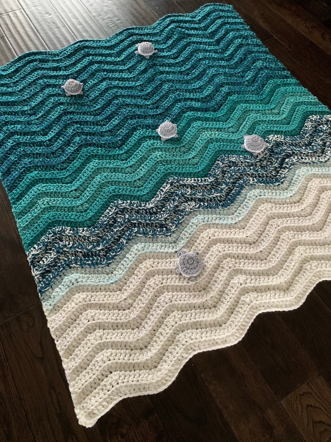 Crochet Beach Blanket | Handmade Ocean Ripple Throw, Sea Turtle Coastal ...