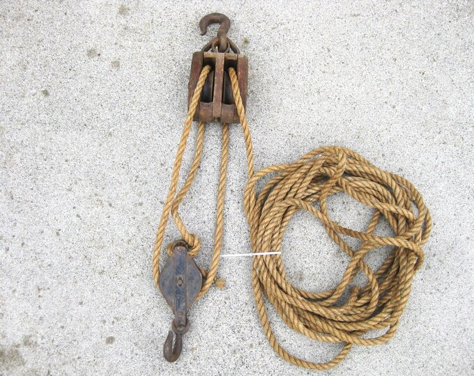 Block and Tackle Pulley System W/ Wooden Double Wheel Pulley, Steel ...