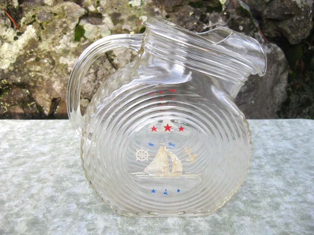 Mid Century Nautical Theme Tilt Glass Beverage Pitcher Ice Tea Pitcher ...