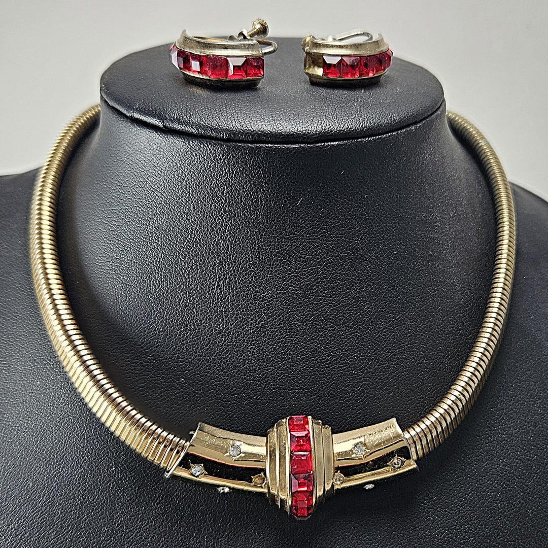 Vintage Coro Red Rhinestone Gaspipe Necklace and Earrings Set, 1940s ...