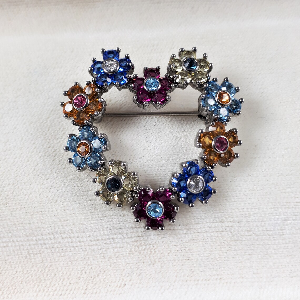 Vintage Butler Rhinestone Heart Brooch Multicolor Flower - Etsy