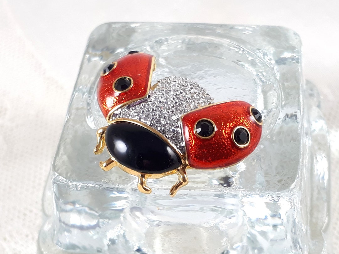 Signed Butler Ladybug Pin, Red Enamel, Clear Crystals, Gold Plated ...