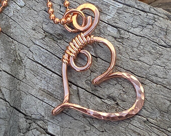 Hammered Bright Raw Copper Heart Pendant With Solid Copper "20 ...