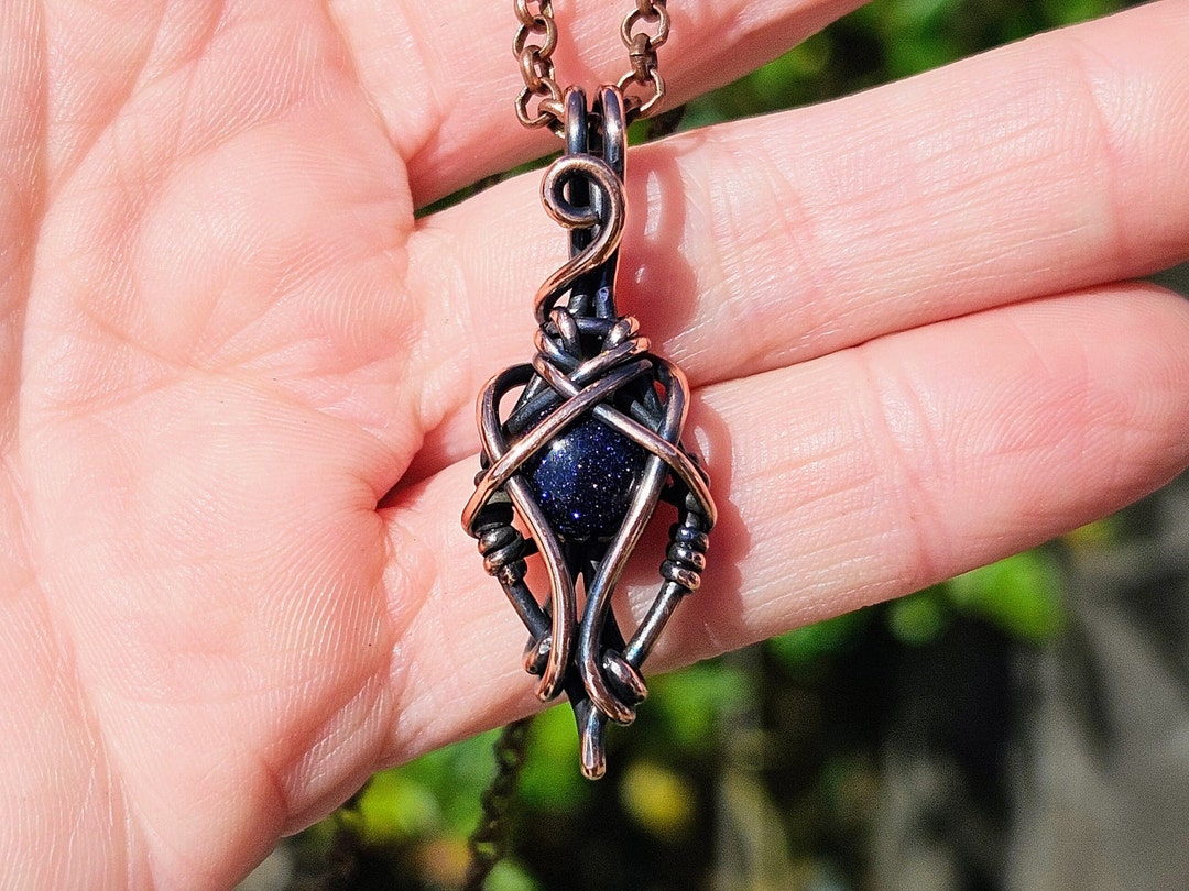 Small Rustic Copper Wire Wrapped Blue Goldstone Necklace Sparkling Boho ...