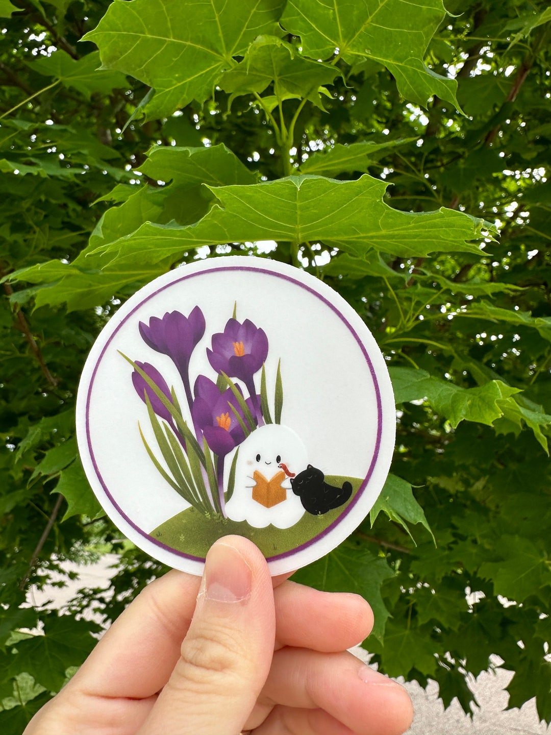 Ghost and Crocus Flower Clear Sticker, Kawaii Round Sticker, Cute ...