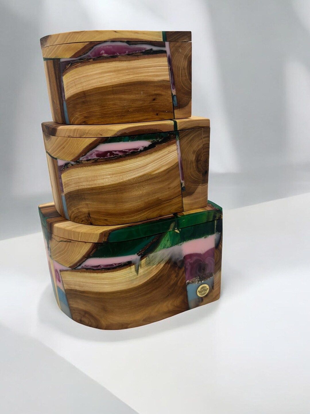 Set of 3 Nesting Pecan Wood, Green Pink Blue & White Epoxy Resin Boxes ...