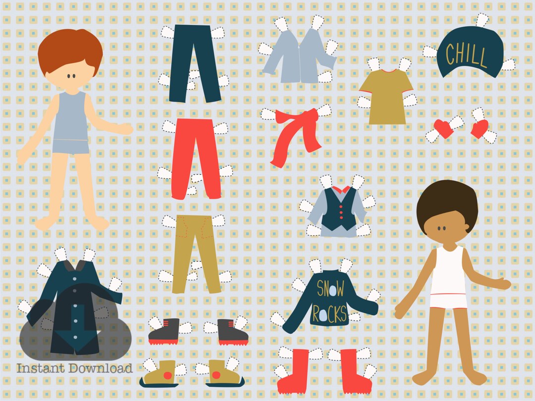 Printable Digital Paper Dolls - Boys Winter Designs. Funky Fashion ...