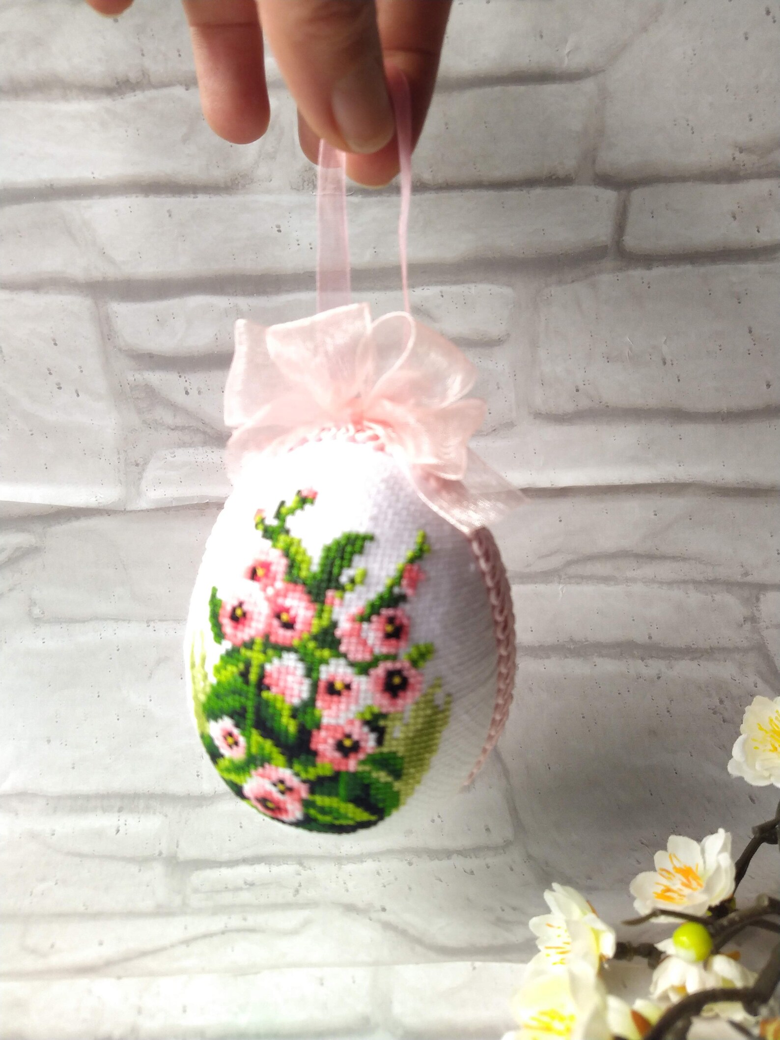 Pink Flowers Easter Egg Finished Hanging Cross Stitch Decoration Spring ...
