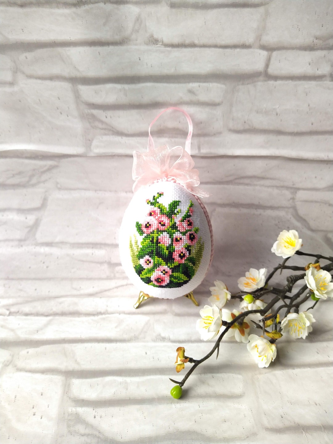 Pink Flowers Easter Egg | Finished Hanging Cross Stitch Decoration ...