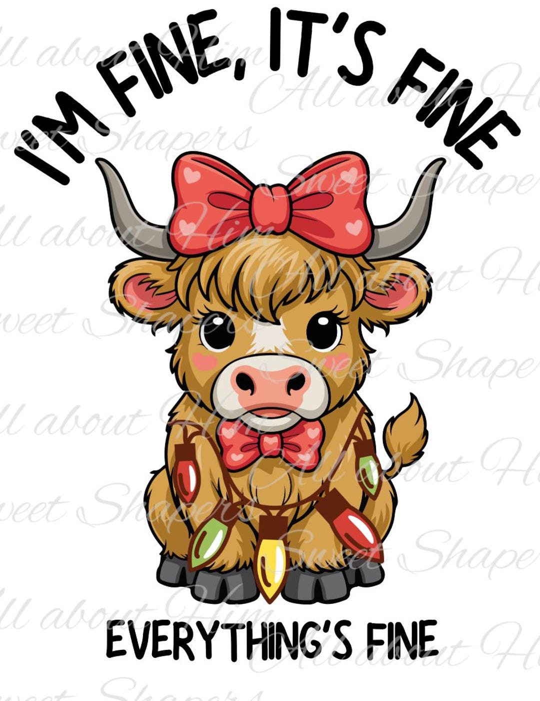 Christmas Lights Highland Cow Mess. IM FINE Png - Etsy