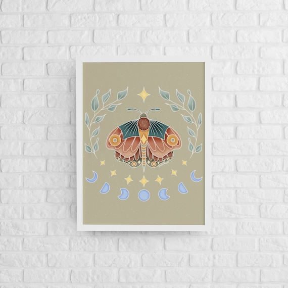 Lunar Moth Print Moon Phases Stars Wall Art Cottagecore | Etsy