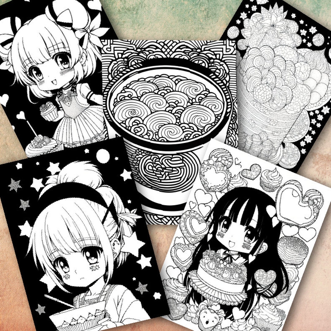 Cute Anime Chibi Candy Snack Pack Adult Coloring Book Pages 50 Pack ...