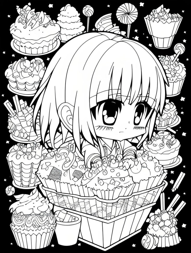 Cute Anime Chibi Candy Snack Pack Adult Coloring Book Pages 50 - Etsy