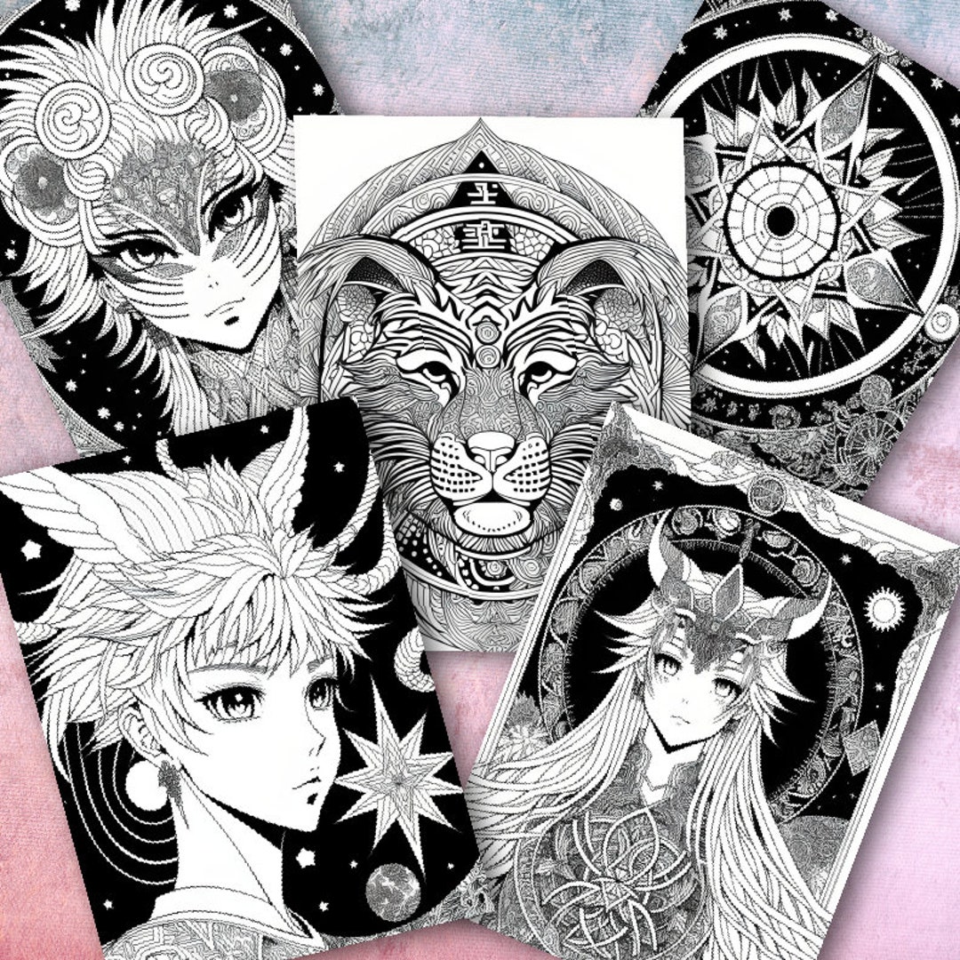 Zodiac Inspired Anime Character Art Adult Coloring Book Pages 50 Pack ...