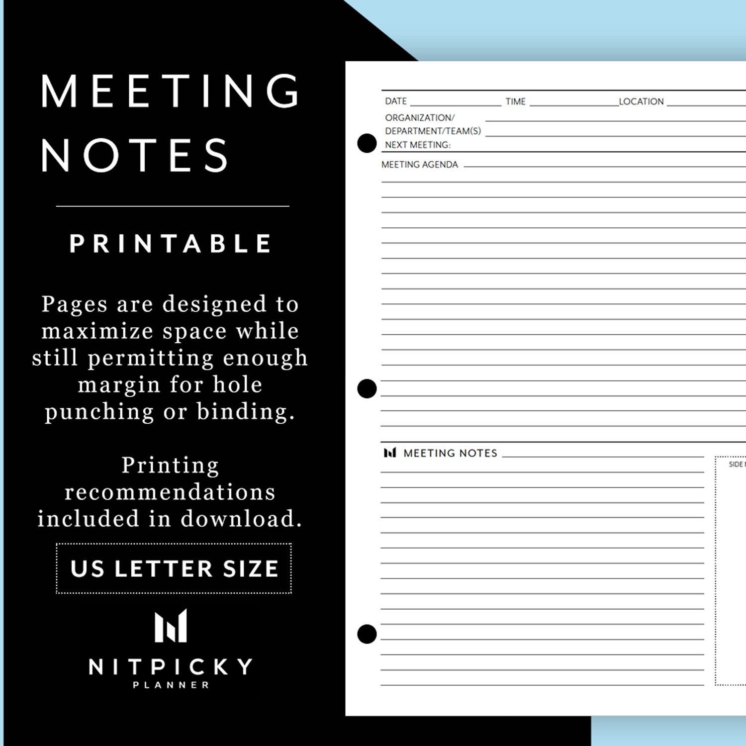 LETTER Professional Meeting Notes - Minimalist Printable Template ...