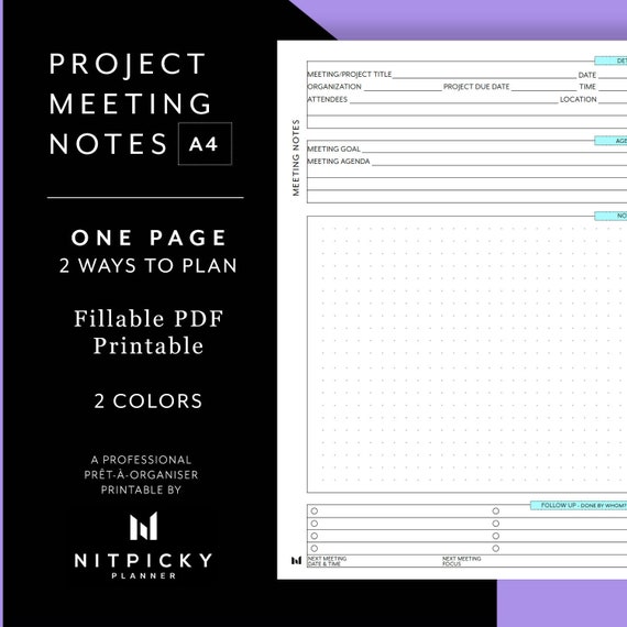 A4 Project Meeting Notes Minimalist Printable Template for | Etsy