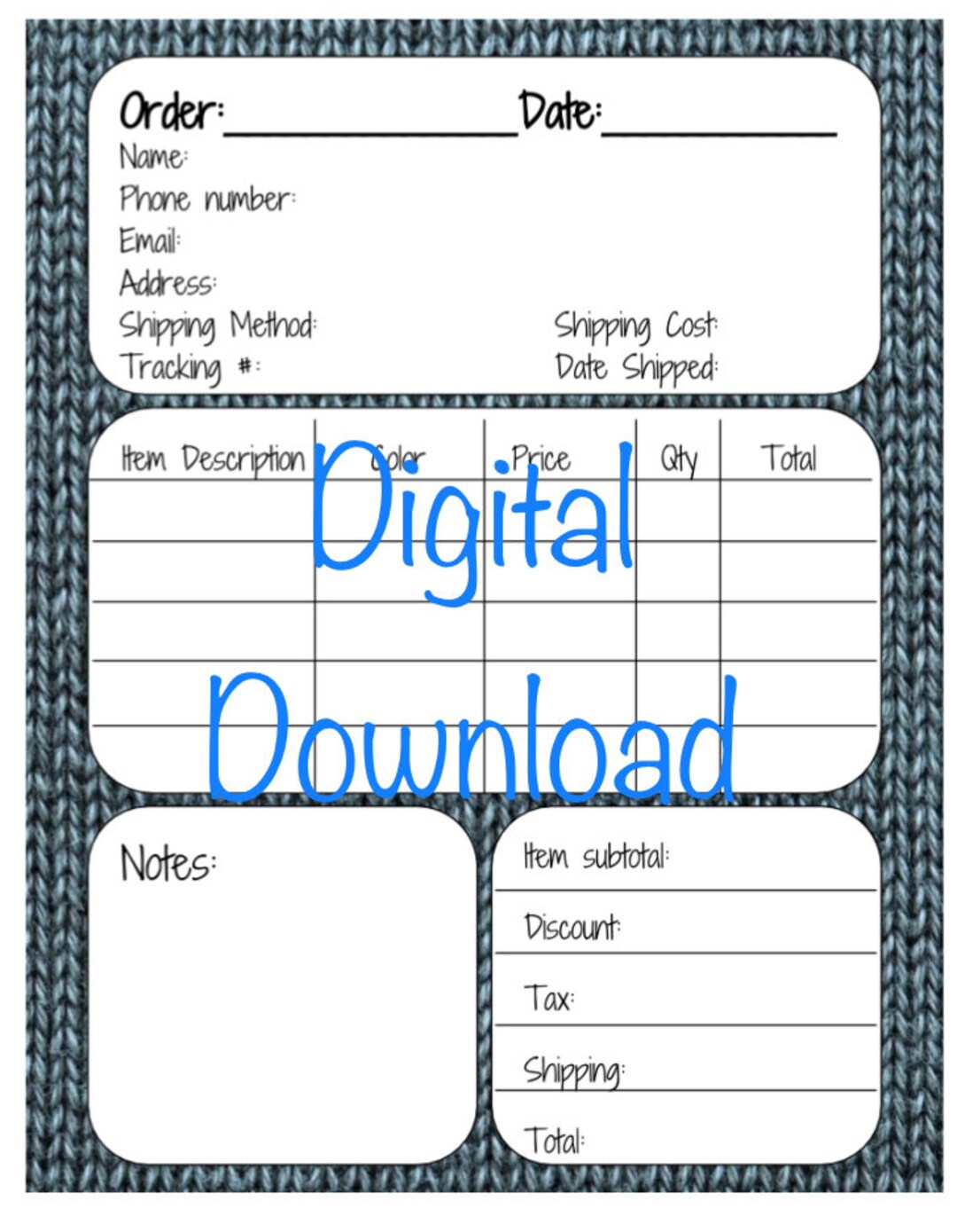 Order Form//knit Background//simple 8.5 X 11 PDF File//digital Download ...