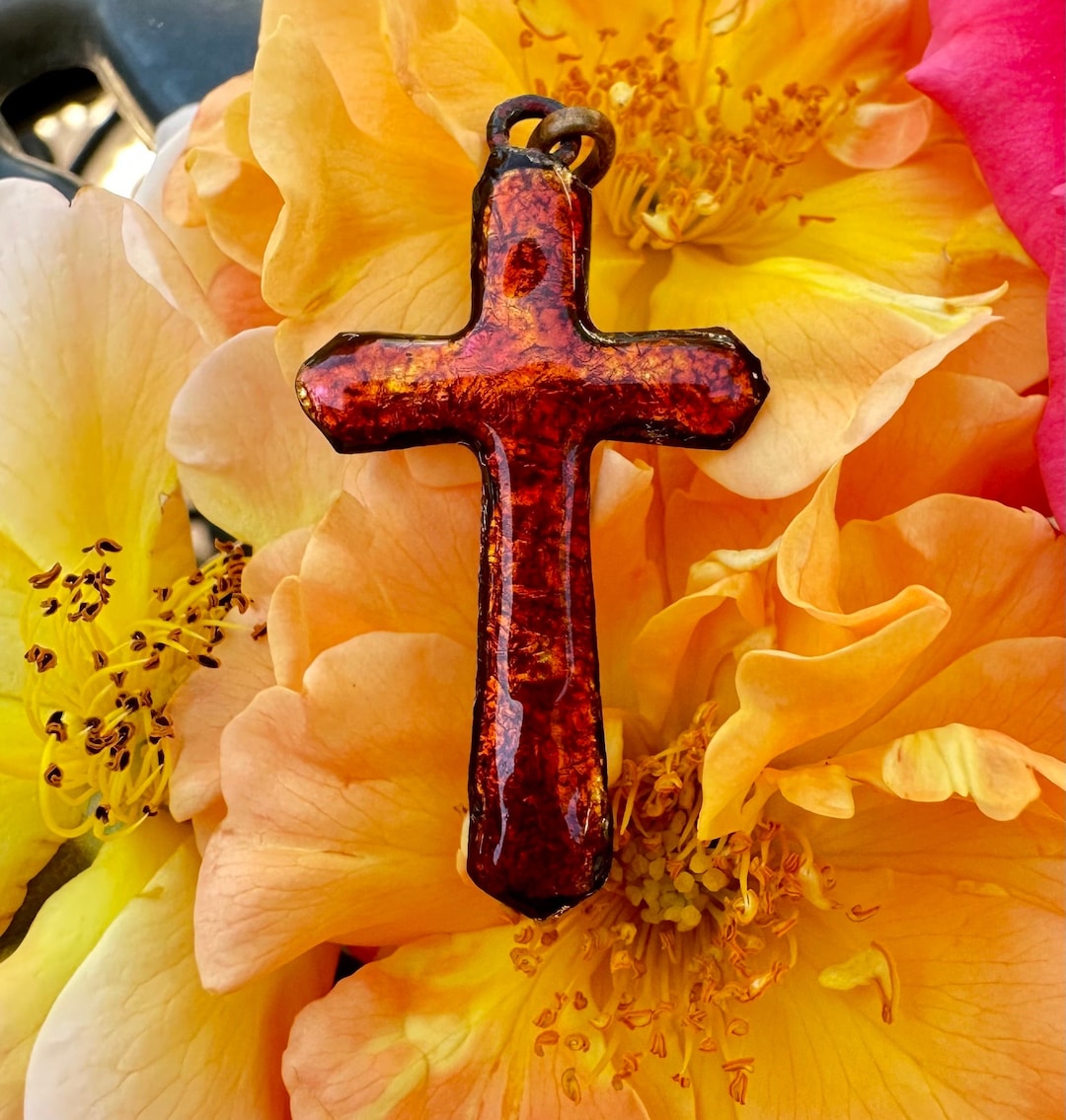 French Vintage Enameled Red Orange Cross Pendant, Catholic Gift for Her ...