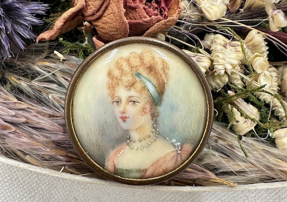Antique Painted Miniature Portrait Brooch, 1900s Woma… - Gem