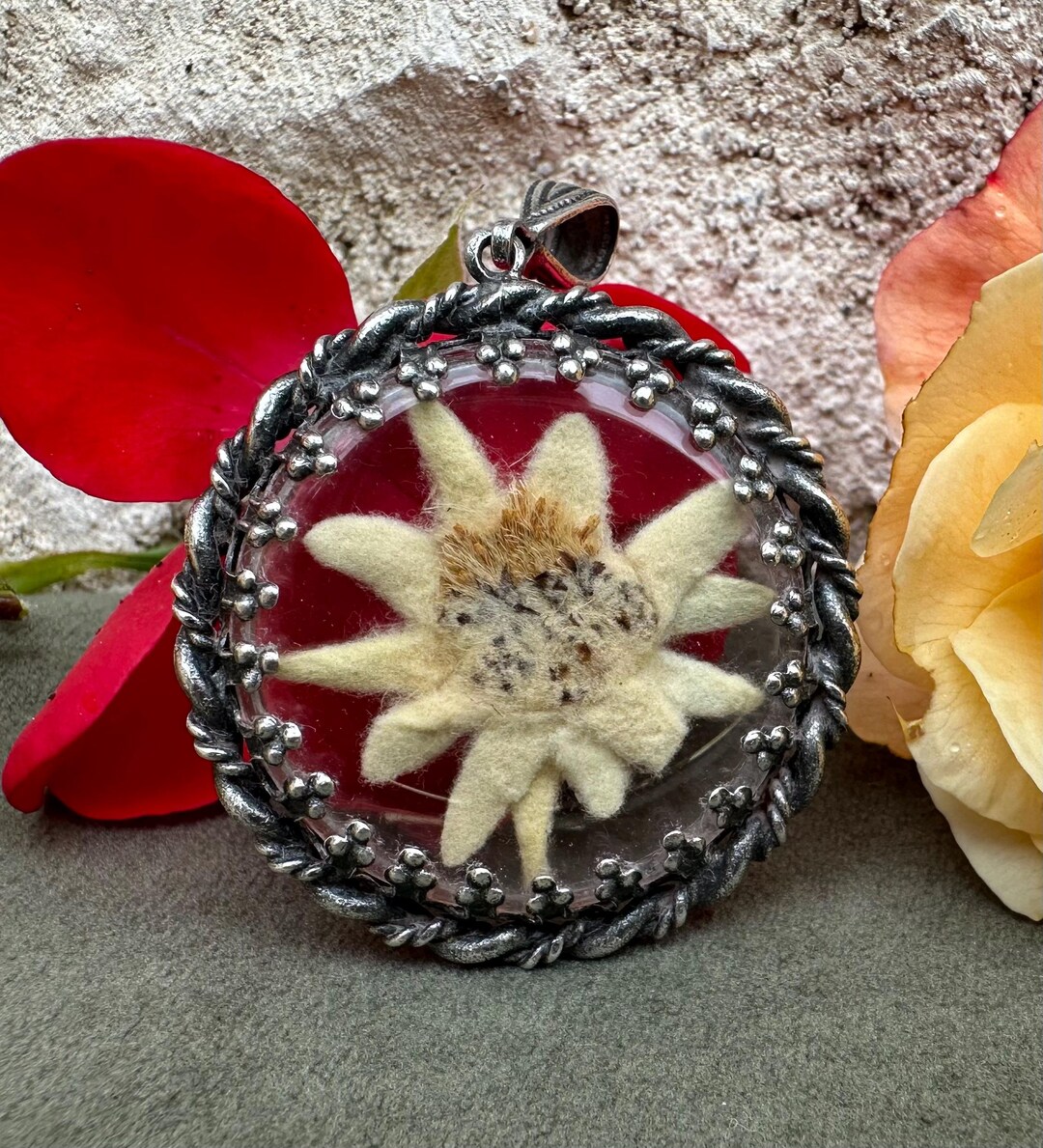 Edelweiss Medallion Pendant, Good Luck Amulet, Dried Flower Necklace ...
