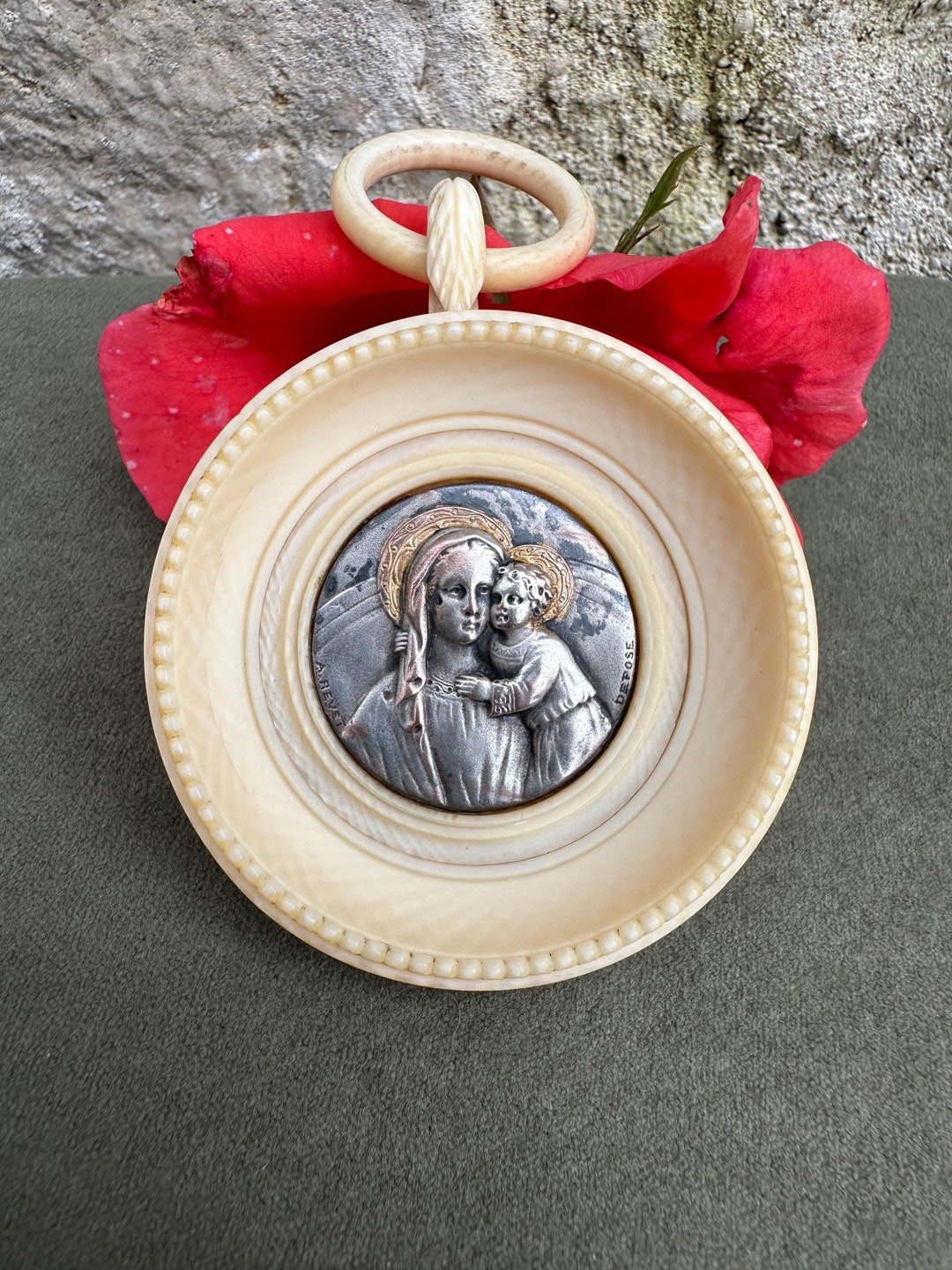 Miniature Portrait Medallion of Virgin Mary, Crib Cradle Protector ...