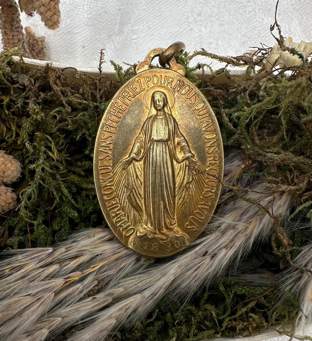 Vintage Gold Miraculous Medal, French Religious Pendant of Mary 1830 ...