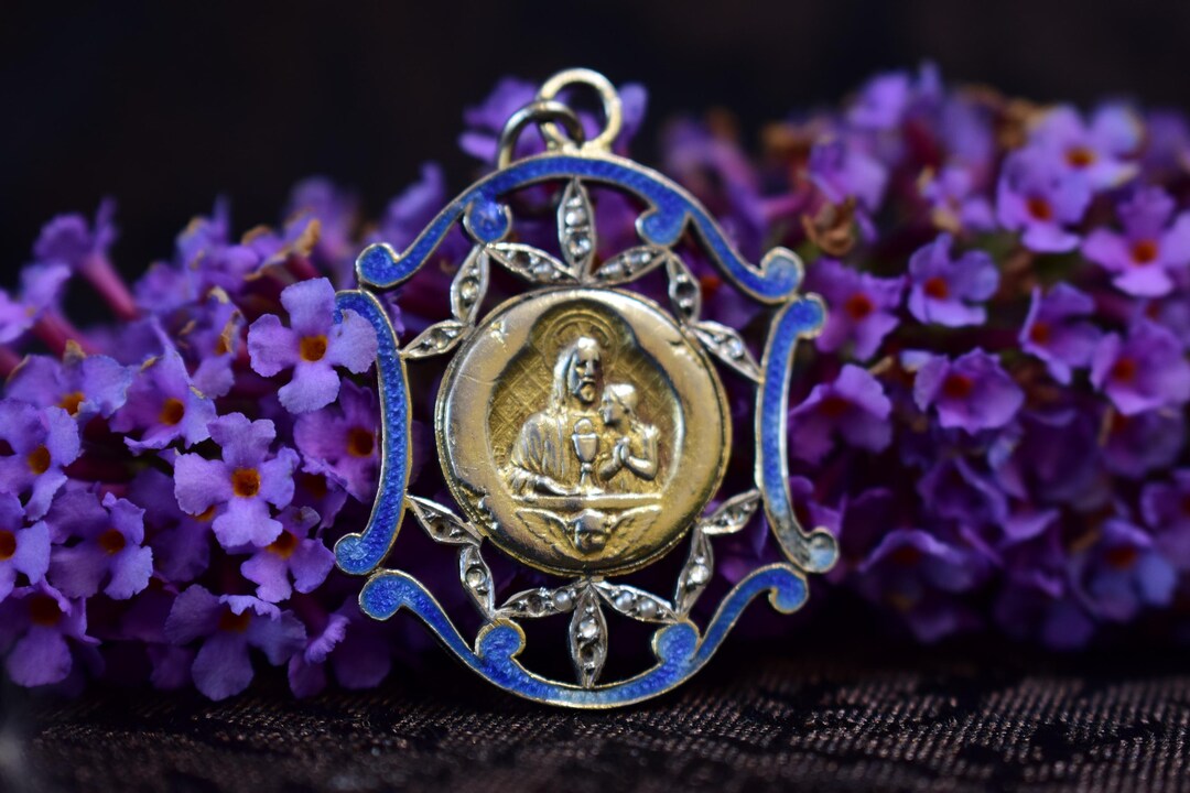 INCREDIBLE Silver Gold Communion Medal, Blue Enamel Rhinestone Pendant ...